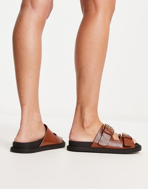 London Rebel chunky double buckle footbed slides in tan | ASOS