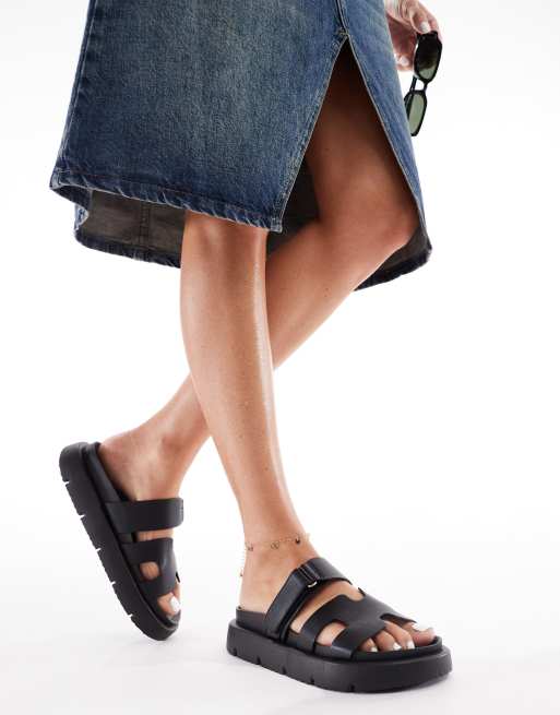 London Rebel double strap sandals in black | ASOS