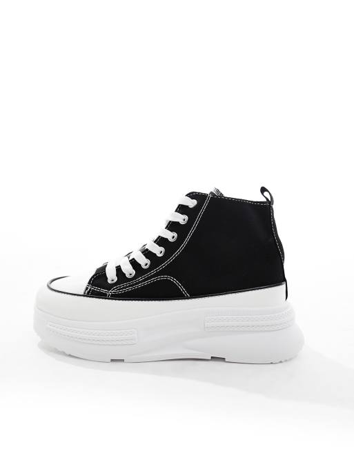 London Rebel hi-top canvas lace up trainers in black | ASOS