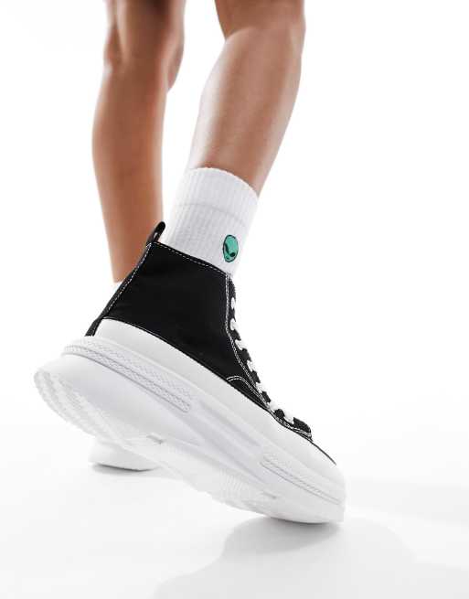 London Rebel hi-top canvas lace up trainers in black | ASOS