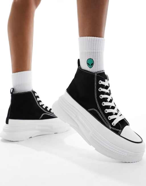 London Rebel hi-top canvas lace up trainers in black | ASOS