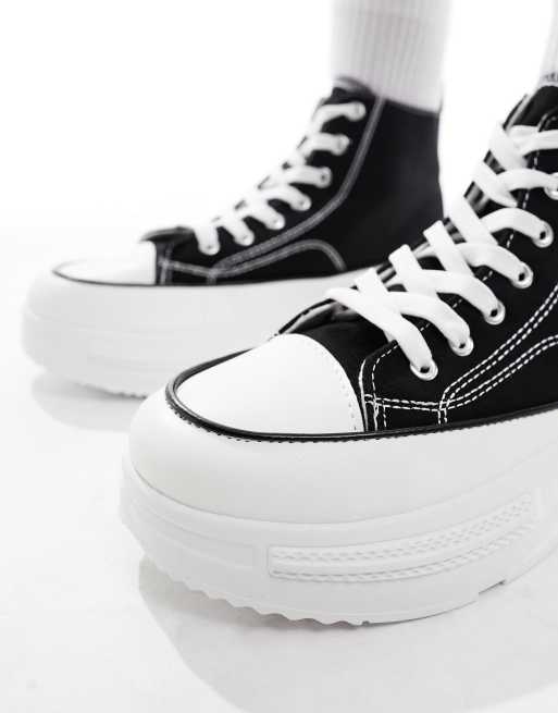 London Rebel hi-top canvas lace up trainers in black | ASOS
