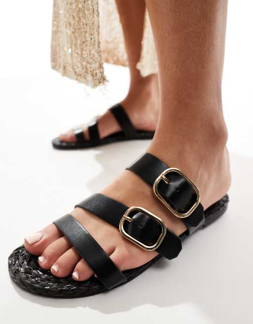London Rebel triple strap flat sandals in black | ASOS