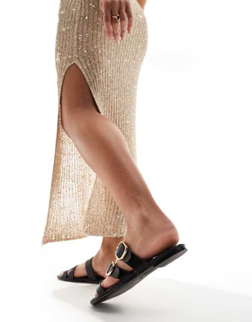London Rebel triple strap flat sandals in black | ASOS