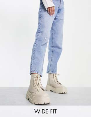 London Rebel Wide Fit chunky lace up boots in cream | ASOS