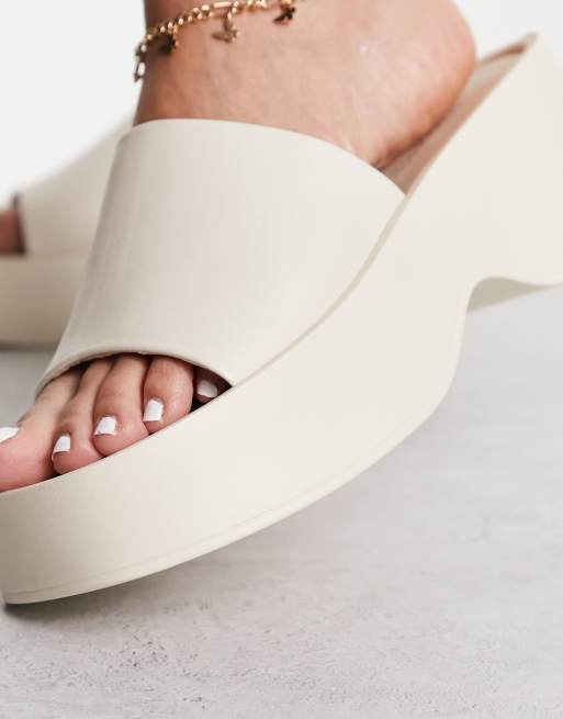 London Rebel Wide Fit flatform square toe slide in cream | ASOS