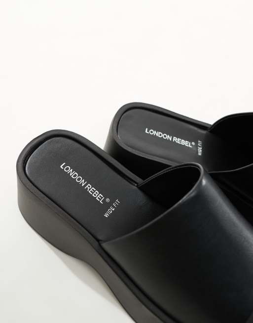 London Rebel wide fit flatform square toe sliders in black | ASOS