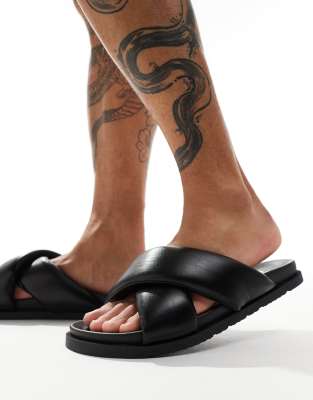 London Rebel X cross strap slides in black | ASOS