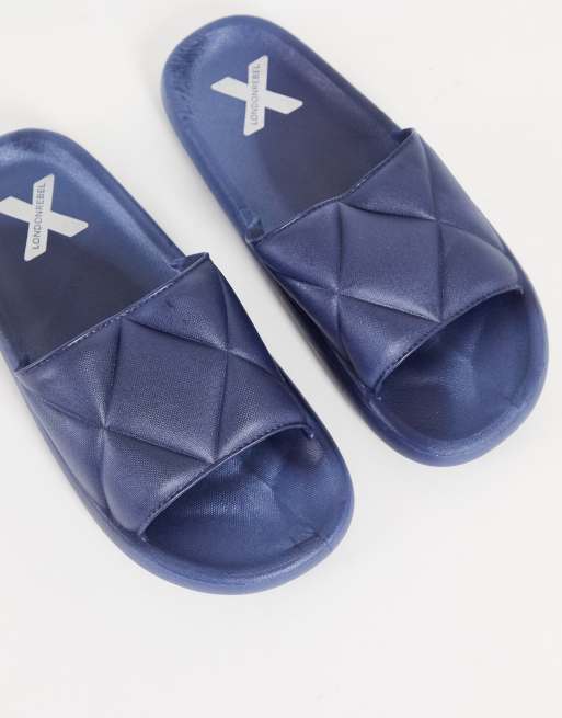 London Rebel X quilted sliders in navy | ASOS