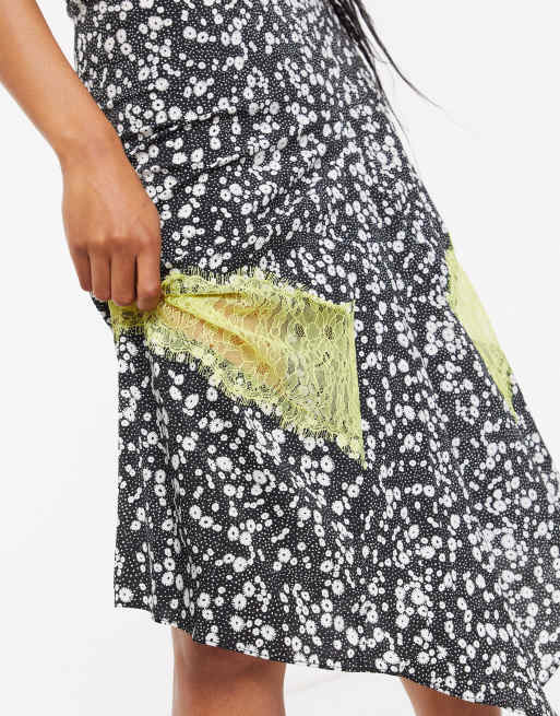 Lost Ink midi skirt with contrast lace trim in ditsy floral print | ASOS