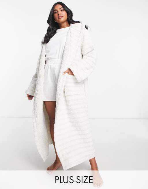 Loungable Curve fluffy ribbed maxi robe in cream | ASOS