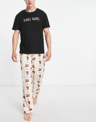 Loungeable bearly awake long pajama set in black cream | ASOS