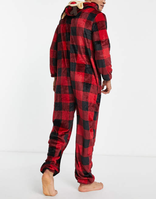Loungeable Christmas check reindeer all in one in red | ASOS