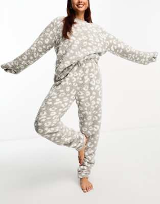 Loungeable cosy sherpa twosie nightwear set in grey animal print | ASOS