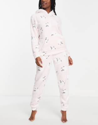 Loungeable fleece sheep print pyjamas with half zip in pink | ASOS