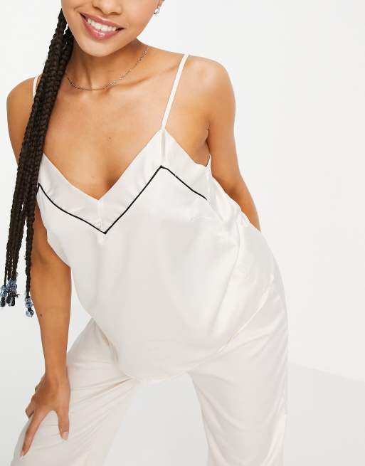 Loungeable - Mix and match - Caraco de pyjama en satin avec passepoils noirs - Crème | ASOS