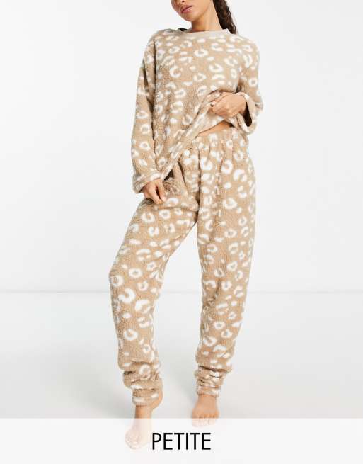 Loungeable Petite sherpa twosie nightwear set in animal print | ASOS