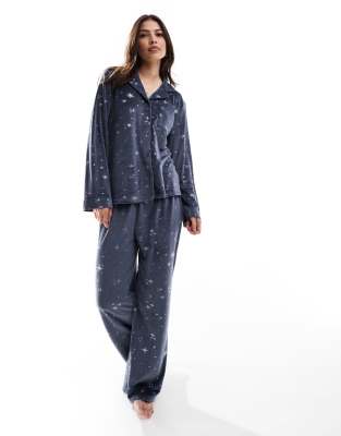 Loungeable Super soft velour star foil print buttoned pyjamas in navy ...