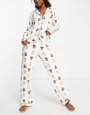 Loungeable teddy bear long shirt and trousers pyjama set in cream | ASOS