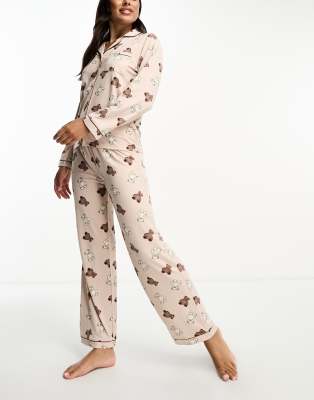 Loungeable teddy long button through pyjama set in brown | ASOS