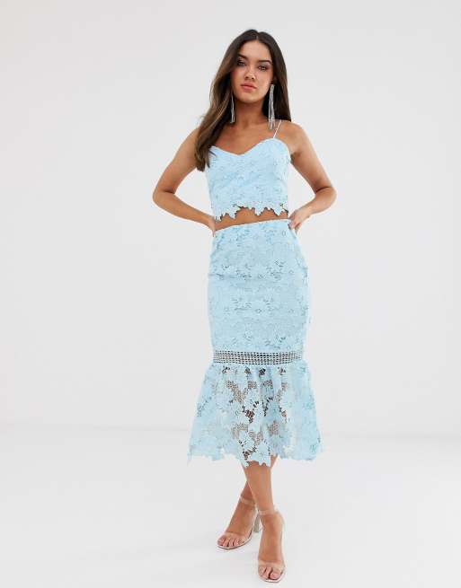Love Triangle cutwork lace pencil skirt two-piece in soft blue | ASOS