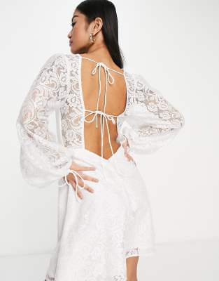 Love Triangle long-sleeved mini dress with open back in white lace | ASOS