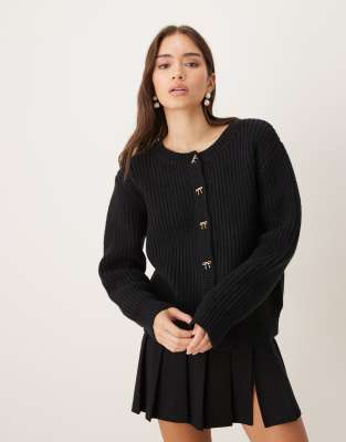 Lovedrobe Bow button detail round neck cardigan in black | ASOS