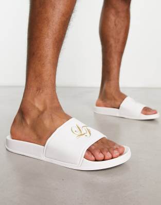 Loyalty and Faith logo pool sliders in white/gold | ASOS