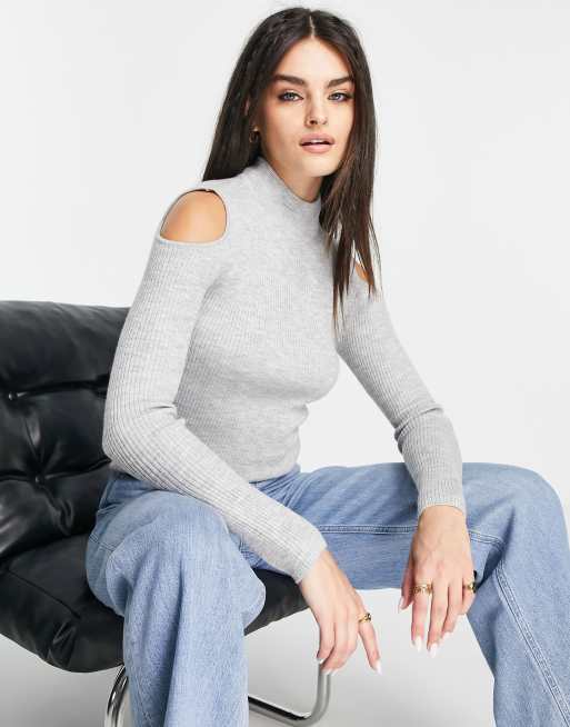 M Lounge cut-out detail skinny rib jumper in silver grey marl | ASOS