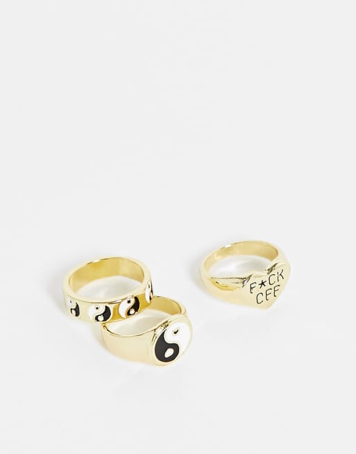 Madein Confezione Da 3 Anelli Spessi Color Oro Con Yin Yang E Cuore