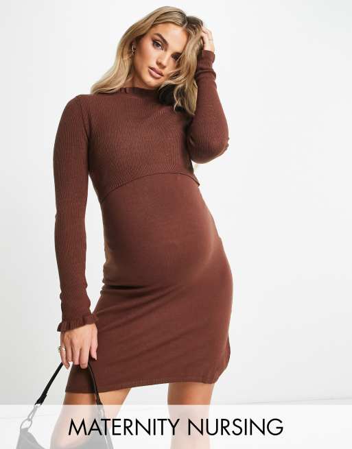 Mamalicious Maternity 2 nursing function frill neck knitted mini dress ...