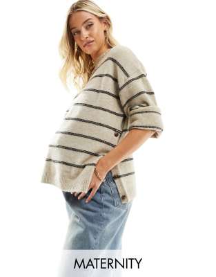 Mamalicious maternity high neck stripe knit jumper in beige | ASOS