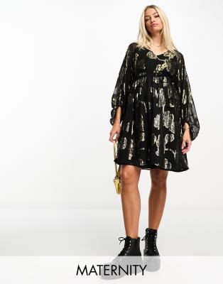 Mamalicious maternity smock dress with metallic print in black | ASOS