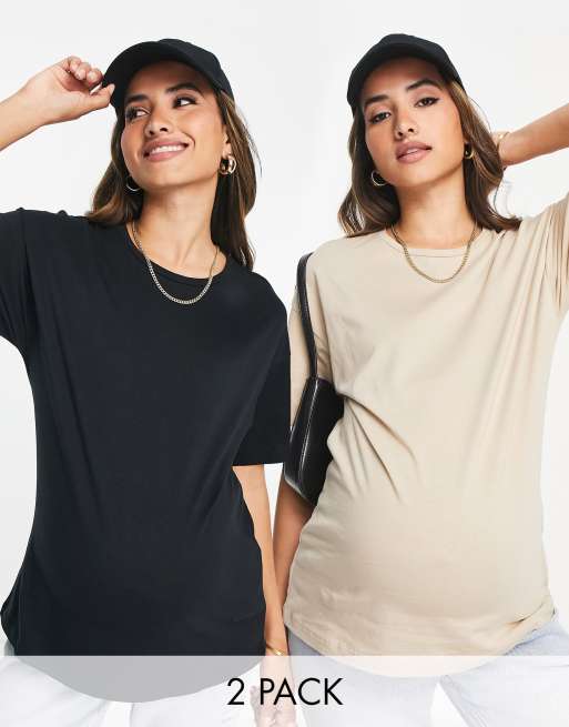 Mamalicious – Umstandsmode – 2er-Pack T-Shirts in Schwarz und Beige | ASOS