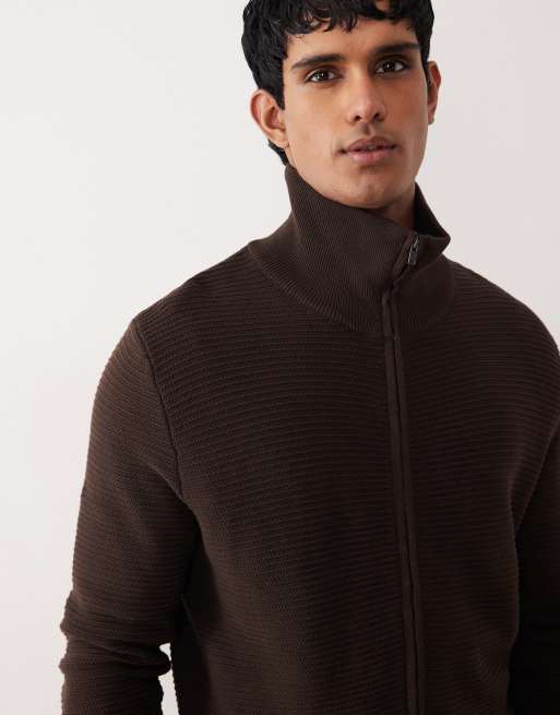 Mango 100% cotton zip up textured cardigan in chocolate | ASOS
