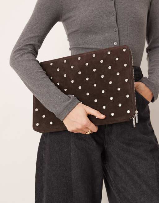 Mango 100% suede studded laptop case in chocolate | ASOS