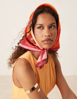 Mango abstract floral print satin scarf in orange | ASOS