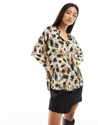 Mango abstract leopard print satin shirt in beige | ASOS