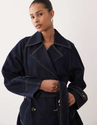 Mango Alma 100% cotton tie waist denim jacket co-ord in indigo | ASOS