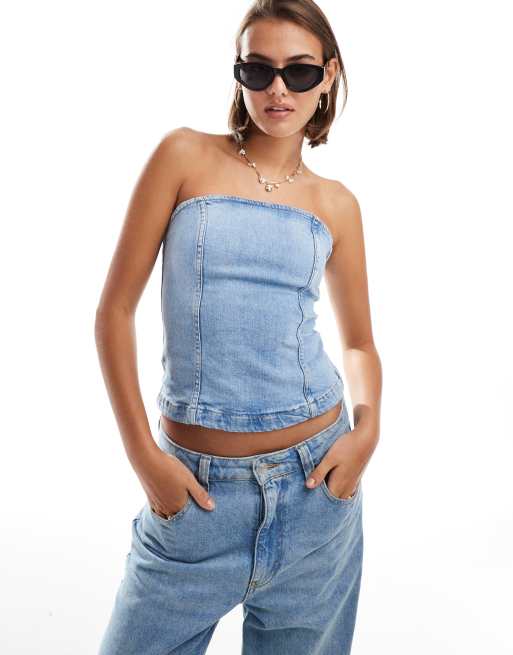 Mango bandeau denim top in light blue | ASOS