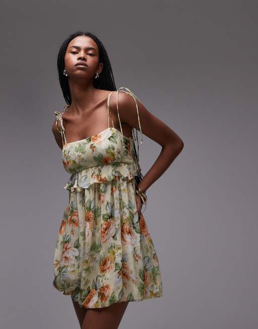 Mango blown out floral mini dress in pale yellow | ASOS