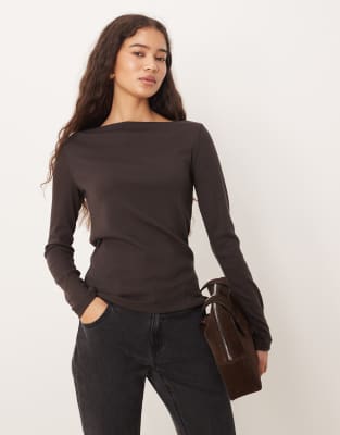 Mango boat neck long sleeve top in dark brown | ASOS