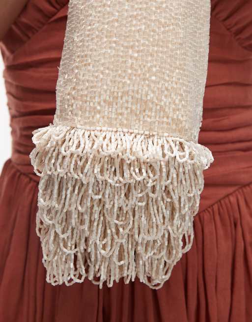 Mango Capsule embellished bag with beaded fringe in off-white | ASOS