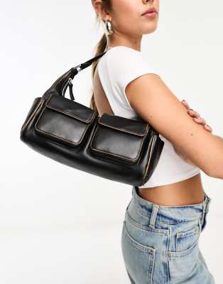 Mango Capsule pocket detail leather shoulder bag in washed black | ASOS