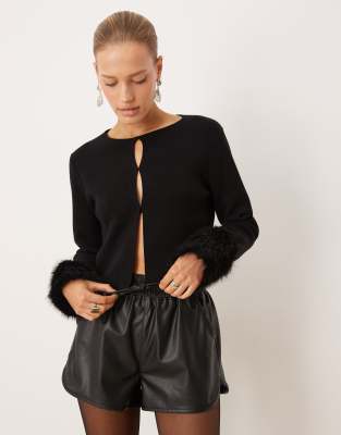Mango cardigan with faux fur cuffs in black | ASOS