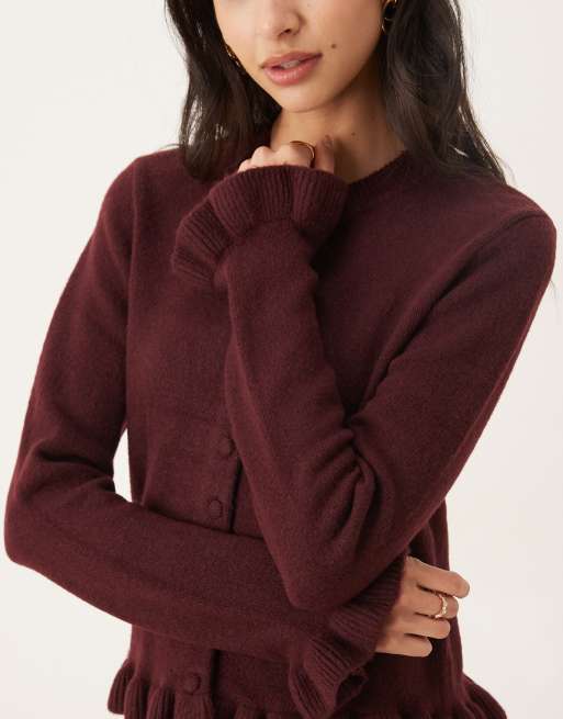 Mango cardigan with peplum hem in burgundy | ASOS