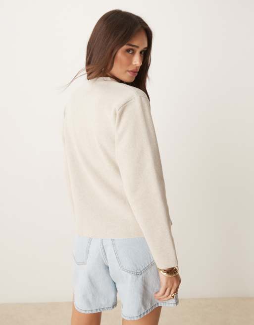 Mango compact knit cardigan with gold statement buttons in beige | ASOS
