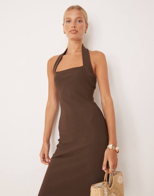 Mango compact knit halter maxi dress in chocolate | ASOS