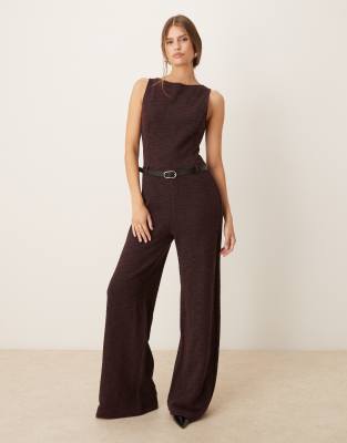 Mango cotton mix belted sleeveless jumpsuit in dark red | ASOS