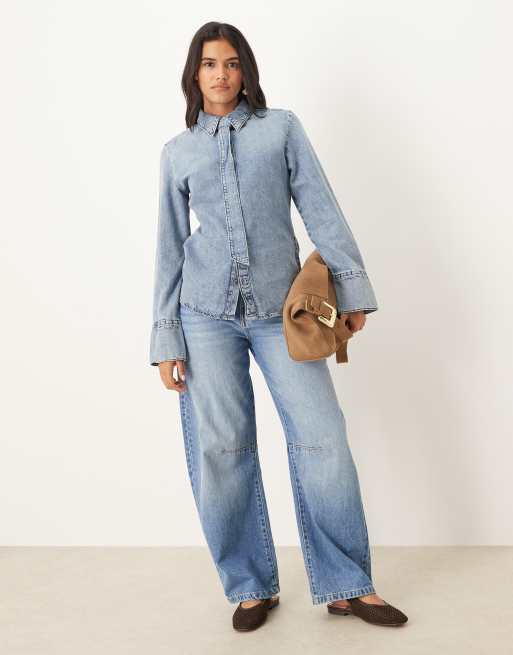 Mango cotton mix long sleeve denim shirt with tie neck in medium blue ...